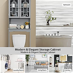 DORTALA Over The Toilet Spacesaver Storage Cabinet, Bathroom Organizer w/ 2 Glass Doors, Adjustable Inner Shelf, Open Bottom Free Standing Shelf Tower Anti-Tip Design, Rack, Gray Grey