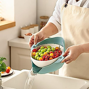 Pazash Double-layer Rotatable Colander, Heat-resisted Pasta Strainer, Food Level BPA Free Colanders and Strainers Bowls Set,2 Set Kitchen Draining Bowl Vegetable Washing Basket ，Aqua Sky and Green