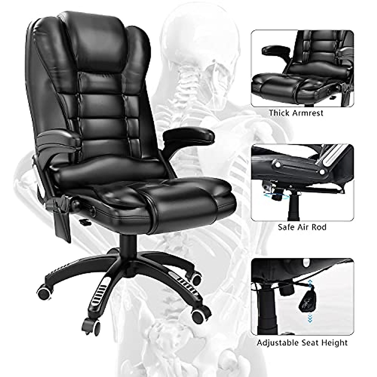 Leather Executive Massage Office Chair with 6 Pointed Vibrating, Heated Ergonomic Home Office Gaming Chair with Adjustable Height and Wheels, Big and Tall Office Chair for Adults, Black
