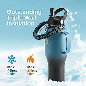 RAYMYLO Insulated Water Bottle 40oz (Cold for 48 Hrs), Stainless Steel Water Bottle with Handle & Straw Lid & Paracord Handle, Triple Wall Vacuum Leakproof Travel Flask, Fit in Any Car Cup Holder