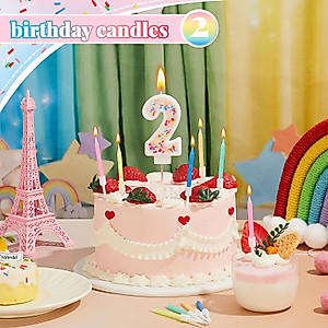 MTLEE Number 2 Happy Birthday Candle 3D Number Candle with Sprinkles Cute Number Candles Cake Topper with 10 Long Thin Rainbow Spiral Candles for Girls Women Anniversary Wedding Party Decor
