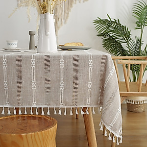Gernaice Rustic Stripe Embroidered Tablecloth Heavy Rectangle Tassel Cotton Linen Table Cloth Wrinkle Free Washable Table Cover for Kitchen Dinning Party Holiday Brown 55x86 Inch