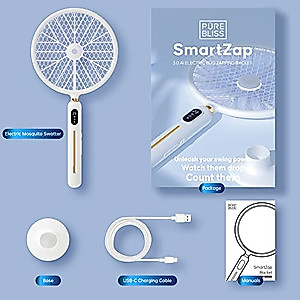 PÜREBLISS Electric Fly Swatter, Distance & Motion Detection, Large Handheld Indoor & Outdoor Mosquito & Bug Zapper Rechargeable , Digital Mosquito Count & LED Light