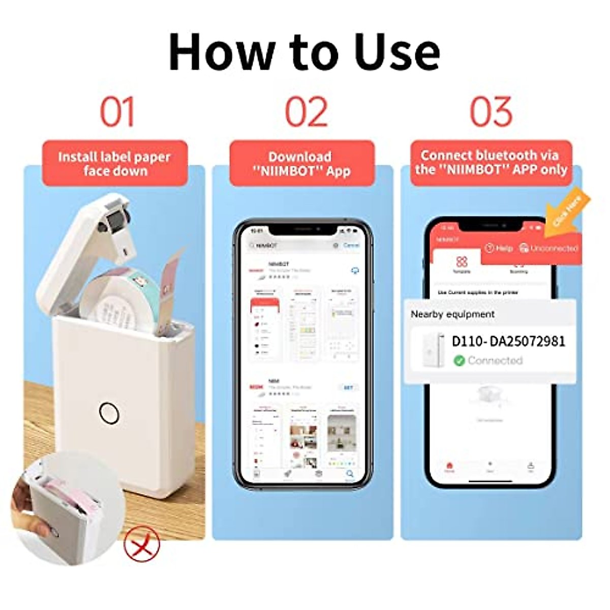 Label Maker Machine with Tape, D110 Portable Bluetooth Label Printer, Small Smart Phone Handheld Sticker Mini Labeler, Easy to Use Inkless Office Home Organization USB Rechargeable