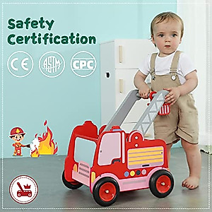 Red Fire Truck Wooden Baby Push Walker - 2-in-1 Toddler Push & Pull Toys Learning Walker Stroller Walker with Wheels for Baby Girls Boys 1-3 Years Old