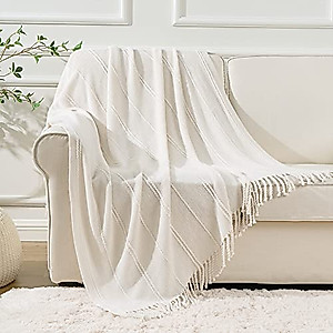 BATTILO HOME White Throw Blanket for Couch, Knitted Cream Throw Blankets for Bed, Decorative Woven Throws with Tassel, Soft Warm Off White Blanket for All Season(White, 50"x 60")