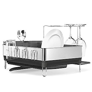 simplehuman Steel Frame Kitchen Dish Drying Rack With Swivel Spout, Fingerprint-Proof Stainless Steel Frame, Grey Plastic, 2020 Model