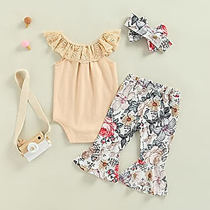 DNOMAID YZARC Western Baby Girl Clothes Infant Rib Lace Sleeveless Romper Cow Bell Bottom Pants with Headband 3Pcs Outfit Set (Apricot Floral Print, 6-12 Months)
