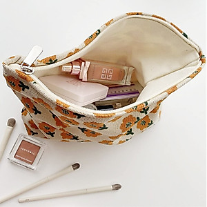 SxoSyo Cosmetic Bags for Women Makeup Bag Large Capacity Purse Travel Toiletry Zipper Storage Pouch Make up Brushes Organizer for Gifts (Orange, flower)