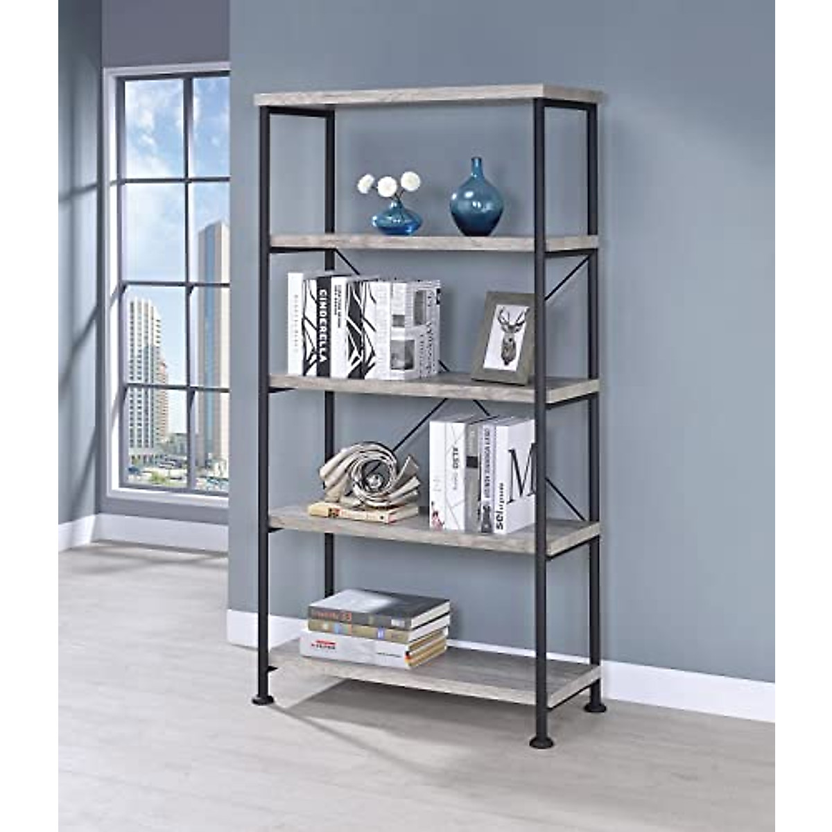 Coaster Furniture Analiese Rustic Industrial 4 Shelf Bookcase Bookshelf Etagere Composite Wood Shelves Metal Frame Gray Driftwood Black 801546