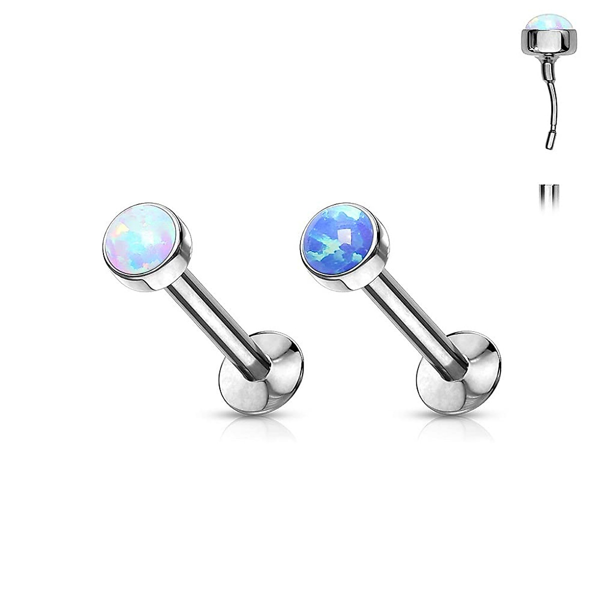 Pierced Owl 16-20GA Stainless Steel Threadless Push-in Synthetic Opal Flat Set Top Cartilage Helix Lip Stud (White, 16GA (1.2mm))