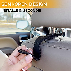 EcoNour Leather Car Seat Hooks (2 Pack Black) | Portable Bag Holder for Car to Keep Your Purse, Groceries & Handbags from Sliding Around | Headrest Hook with Crafted Stitches