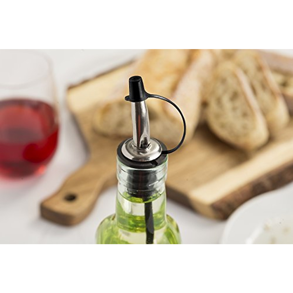 Tablecraft Stainless Steel Pourers with black Tethered Cap, (2 Pack), Silver