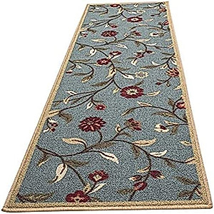 Machine Washable Floral Leaves Design Non-Slip Rubberback 3x10 Traditional Runner Rug for Hallway, Kitchen, Bedroom, Living Room, 2'7" x 9'10", Seafoam Green