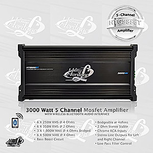 Lanzar Amplifier Car Audio, 3,000 Watt, 5 Channel, 2 Ohm, Bridgeable 4 Ohm, MOSFET, RCA Input, Bass Boost, Mobile Audio, Amplifier for Car Speakers, Car Electronics, Wireless Bluetooth (HTG558BT)