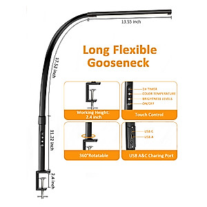 Desk Lamp for Home Office, Eye-Caring LED Desk Lamp with USB C+A Charging Port, Architect Desk Light 5 Lighting 5 Brightness, Flexible Gooseneck Clamp for Reading Study