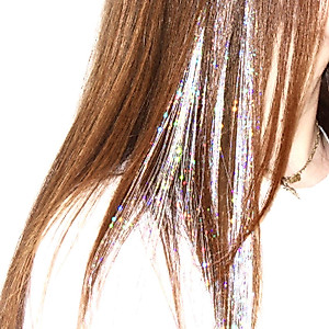 47" Holographic Hair Tinsel Kit Shining Silver Professional Sparkle Heat-Resistant Silk Hairpieces, Hair Accessories for Girls, Party Hair, Gifts for Girls (1000 Strands, Shining Silver)