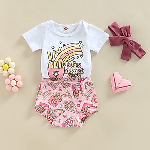 BeQeuewll Newborn Baby Girl Valentines Day Outfit Sweet Heart Letter Print Short Sleeve T-Shirt Romper Elastic Shorts Headband 3Pcs Summer Clothes (Sweat Hears Club-Pink, 18-24 Months)