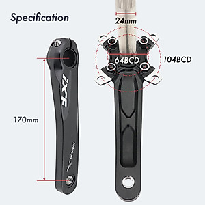 DJC Bike Crankset 104BCD with Chainring BSA Bottom Bracket with Spindle for MTB 1x 2X 3X Speed Mountain Bike Black Red Oilslick 170mm 175mm (170mm Black, Round 32T)