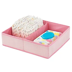 mDesign Fabric Drawer Organizer Bin Dividers for Kids/Baby Nursery Dresser, Closet, Organization - Bins Hold Clothes, Diapers, Cream, Toy, Blankets - Pink Herringbone