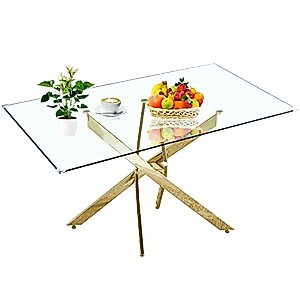Glass Dining Table for 6 - Dining Room Table with Gold Stainless Steel Legs, 63 inch Rectangular Dining Table Kitchen Table, Modern Dining Table for Kitchen Dining Room, Home Office Furniture