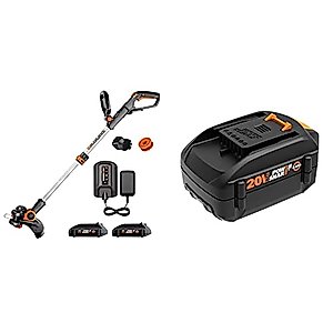 Worx WG163 GT 3.0 20V PowerShare 12" Cordless String Trimmer & Edger (Battery & Charger Included) & WA3578 - PowerShare 20V 4.0Ah, Lithium Ion High Capacity Battery, Orange and Black