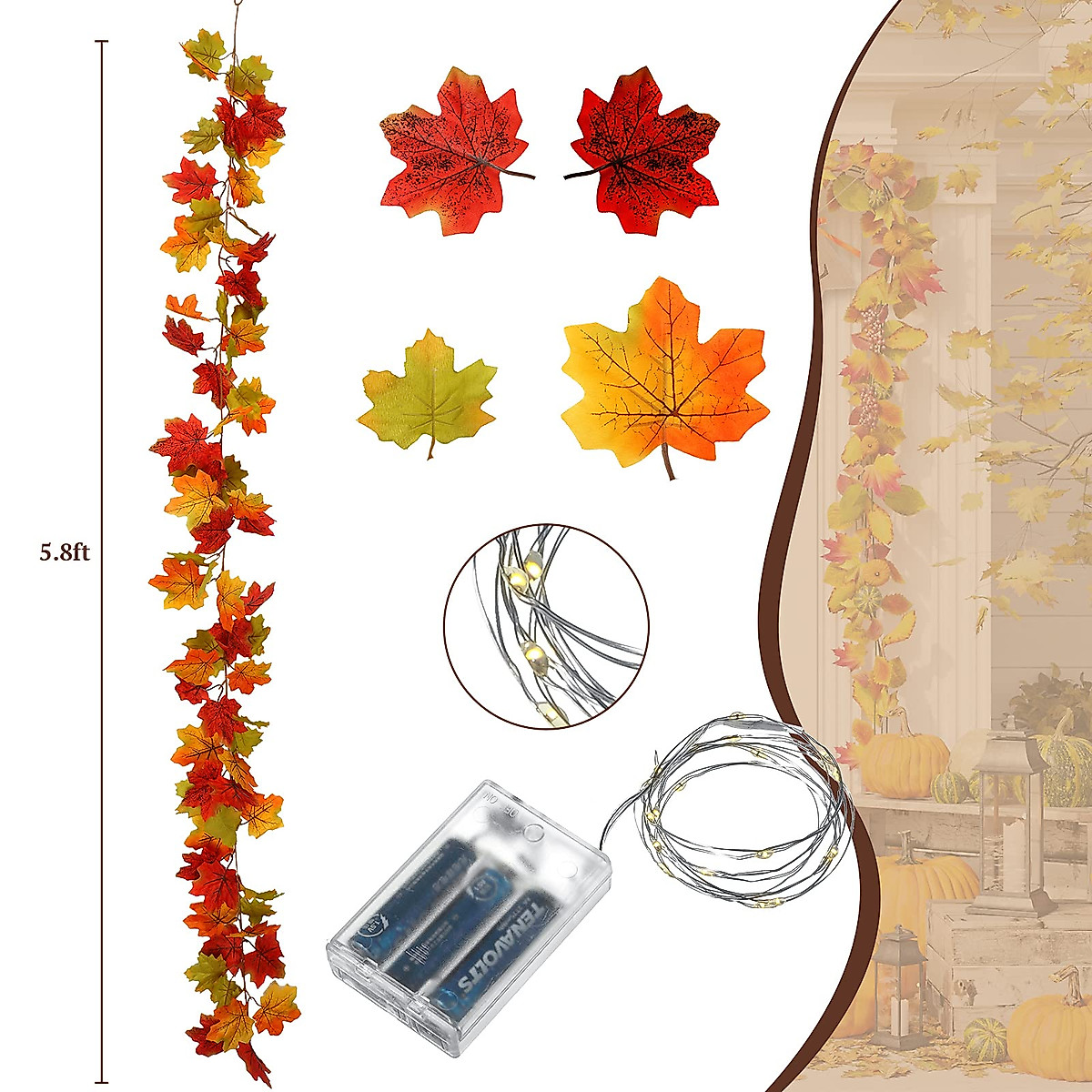 Thanksgiving Maple Leaf Garland Artificial Fall Foliage Garland and 20 LEDs String Light and Happy Fall Burlap Banner Thanksgiving Pumpkin Bunting Flag Garland for Autumn Thanksgiving Window Decor