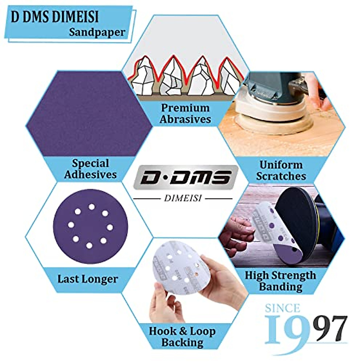 Q22T - 5 Inch 8 Hole Hook and Loop Sanding Discs - 3 Each of 80 120 180 220 240 320 Grit Sandpaper Discs - Purple Film Orbital Sander Pads for Automative - D DMS DIMEISI