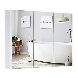 GLACER Large Mirrored Medicine Cabinet, Bathroom Wall Mounted Storage Cabinet with Triple Mirrored Doors and Adjustable Shelves, Ideal for Bathroom, Living Room, 36 x 4.5 x 25.5 inches (White)