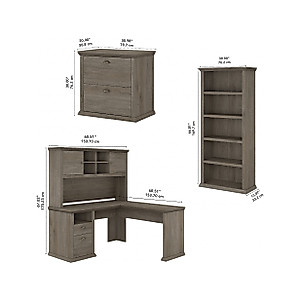 Bush Furniture Yorktown L Shaped Desk with Hutch, Lateral File Cabinet and 5 Shelf Bookcase, 60W, Restored Gray