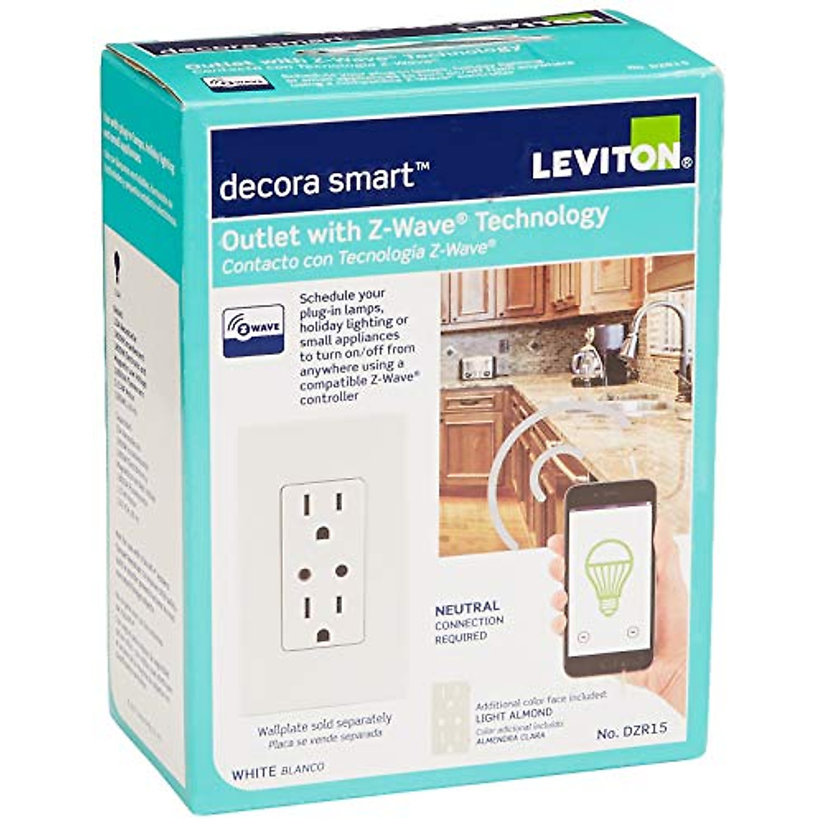 Leviton DZR15-1RZ Decora Z-Wave Controls 15-Amp Tamper Resistant Split Duplex Receptacle, White/Light Almond