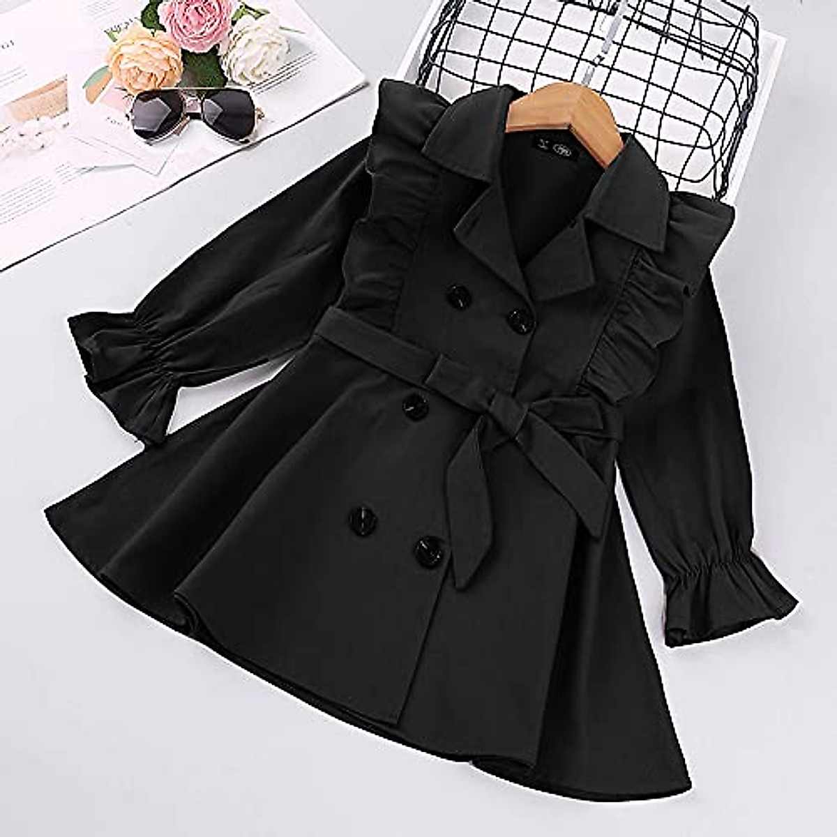 IZYJOY Toddler Baby Girl Fall Trench Coat Double Breasted Ruffle Trim Belted Winter Long Sleeve Casual Windbreaker Jacket (Black, 5-6X)