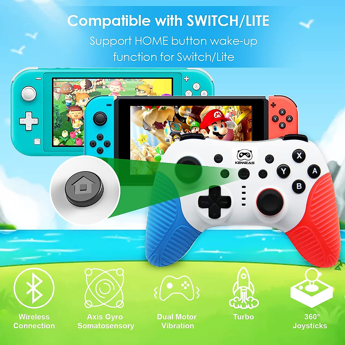KENNEAS Wireless Pro Controller for Switch/Switch Lite, Switch Remote Gamepad with Wake-up, 3-Level Vibration, Turbo, Motion Control Function, 600mAh Battery Wireless Switch Controller