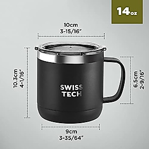 Swiss+Tech 14 oz Coffee Mug, Vacuum Insulated Mug Cup with Lid, Double Wall Stainless Steel Travel Tumbler Cup, Corrosion Resistant, BPA Free (Black)