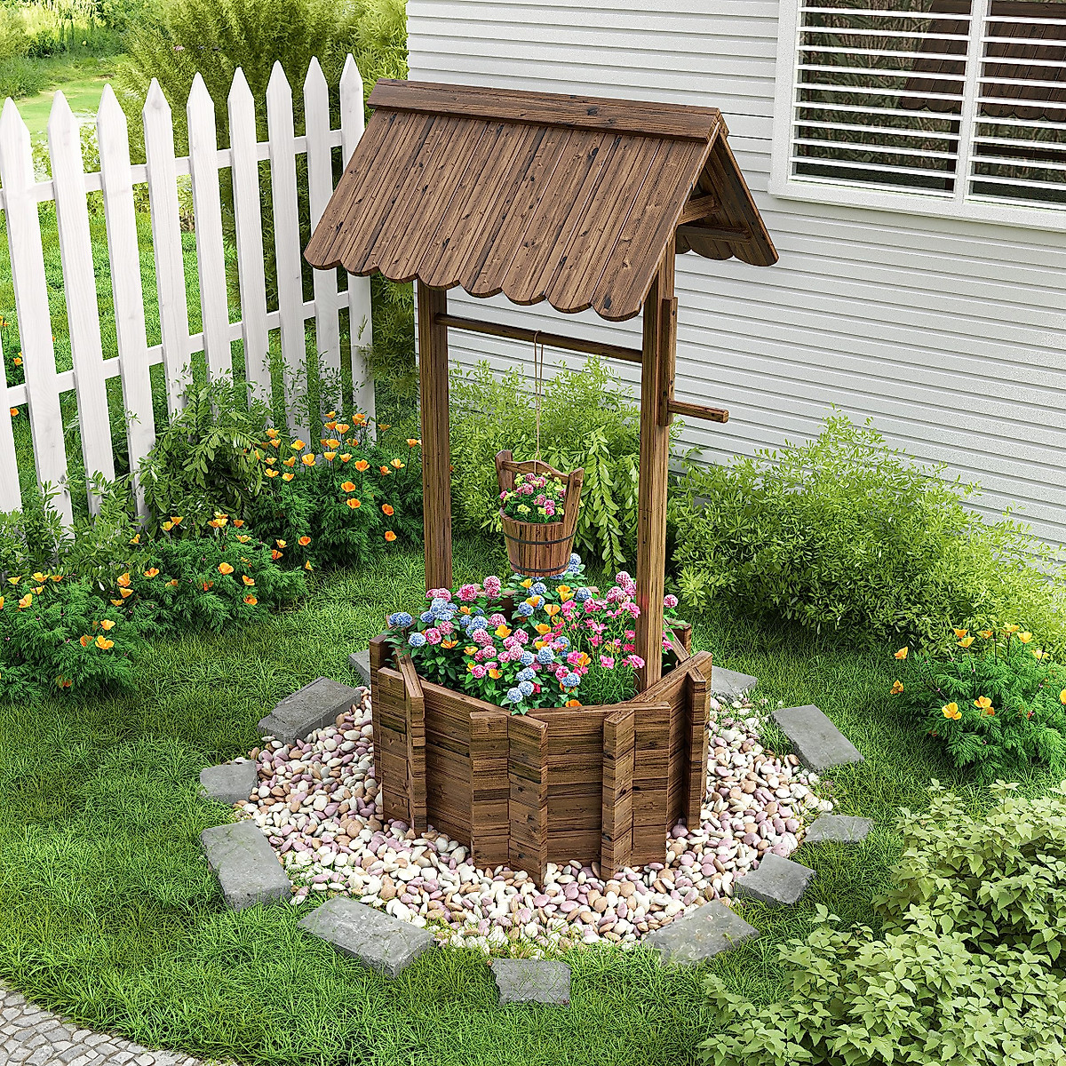 UDPATIO Wishing Wells for Yard, Large Wooden Wishing Well Planter for Outdoors, Upgrade Wishing Well with 4 Reinforced Rod & Hanging Bucket for Garden Patio Lawn Backyard Home Decor