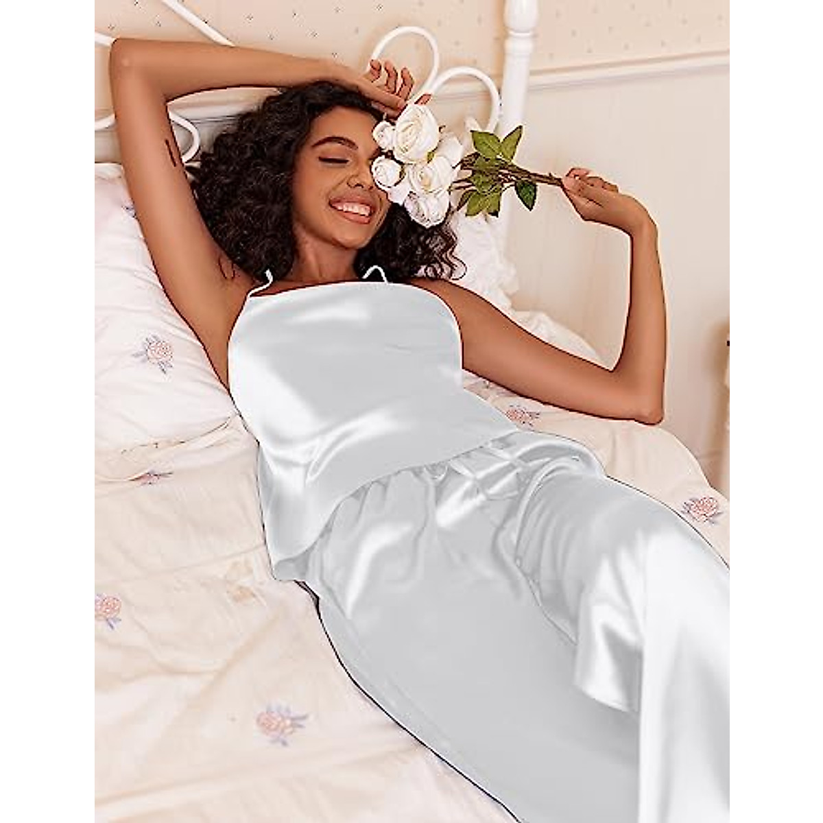 Ekouaer Satin Pjs for Women Set Comfy Cami Lounge Set Cowl Neck Silk Top Wide Leg Long Pants Set Summer Outfits White,Small