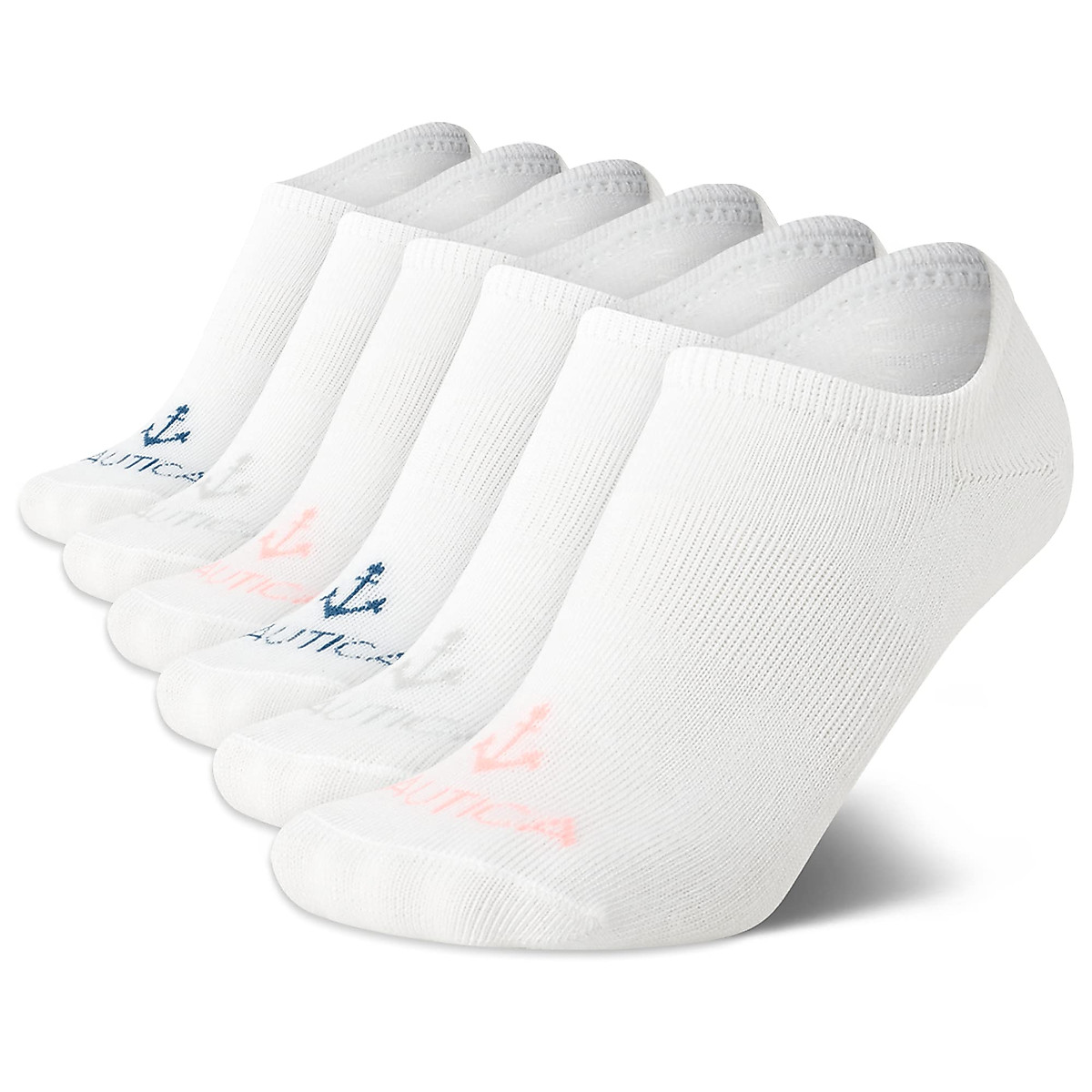 Nautica Women's No Show Stretchy Sport Liner Socks with Non Slip Grip (6 Pack), Size 4-10, All White