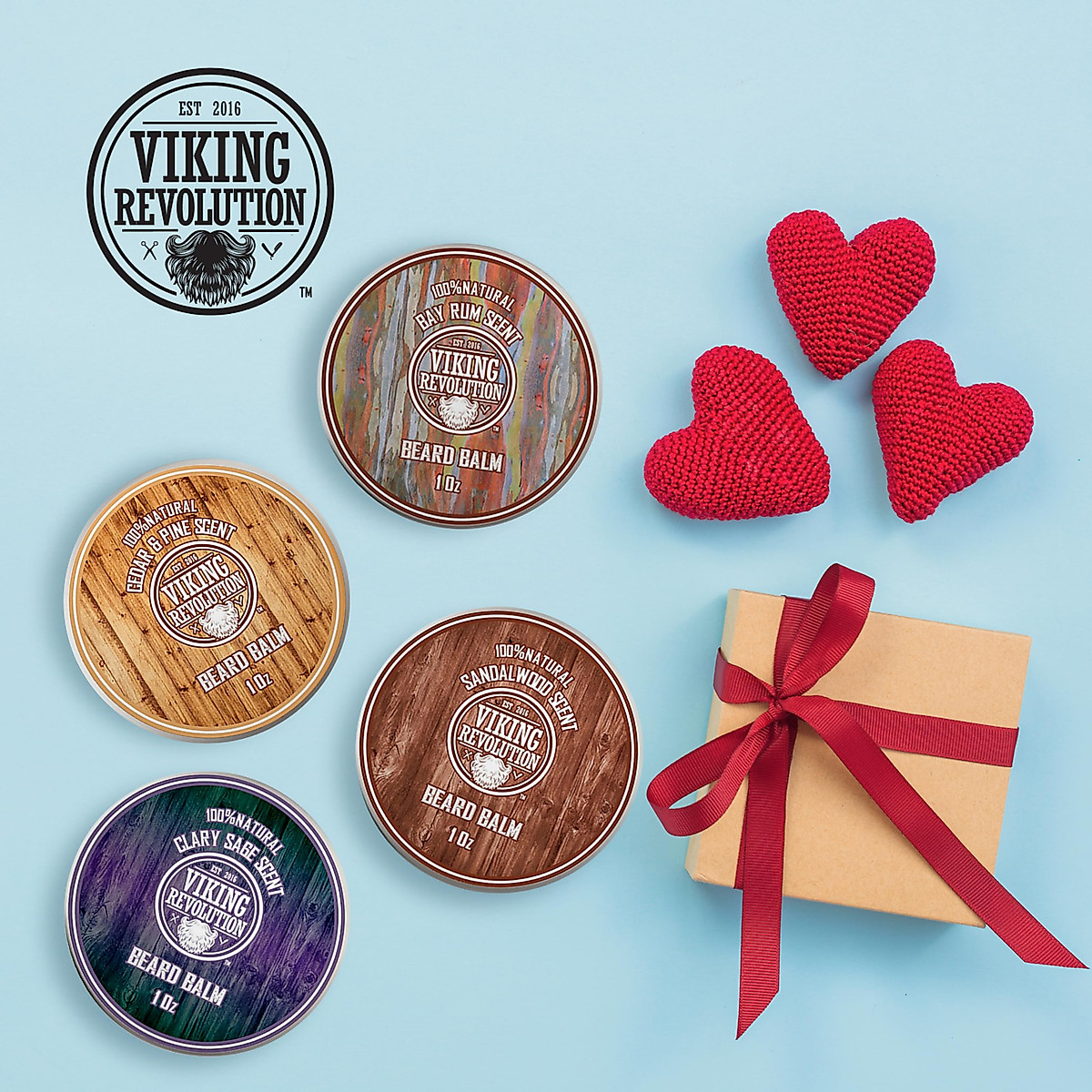 Viking Revolution 4 Beard Balm Variety Pack (1oz Each)- Sandalwood, Pine & Cedar, Bay Rum, Clary Sage - Beard Butter Styles, Strengthens and Softens Beards and Mustaches - Beard Wax for Men