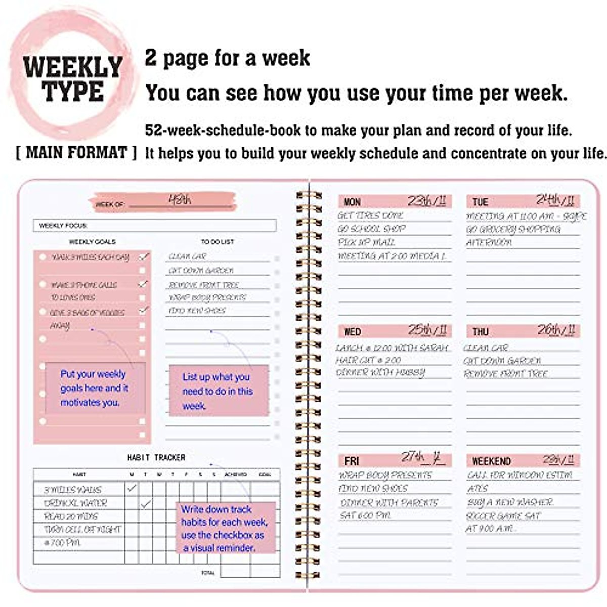 Undated Weekly Planner- Weekly Goals Notebook, A5 To Do List Planner, Habit Tracker Journal with Spiral Binding, Tracker and Goal Planner, 5.7 x 8.0 inches