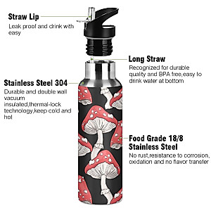 Glaphy Mushrooms Print Water Bottle with Straw Lid, BPA-Free, 32 oz Water Bottles Insulated Stainless Steel, for School, Office, Gym, Sports, Travel