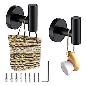 Towel Hooks, 2 Pack Matte Black SUS304 Stainless Steel Wall Mounted Coat Robe Clothes Hooks, Heavy Duty Robe Shower Towel Hanger for Bathroom Kitchen Living Room Bedroom Office