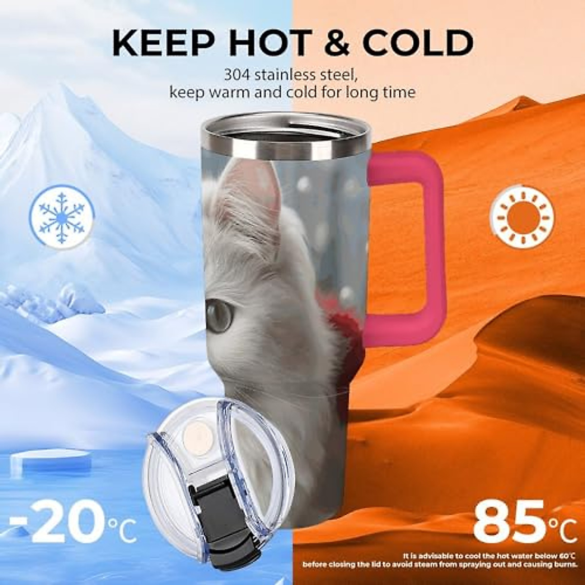 LLUTSNTH 40 Oz Vacuum Tumbler with Light Rose Red Handle Leakproof Insulated Tumbler Cute White Cat Stainless Steel Travel Mug with Lid And Straw Coffee Cup Cute Water Bottles Cup Holder Friendly