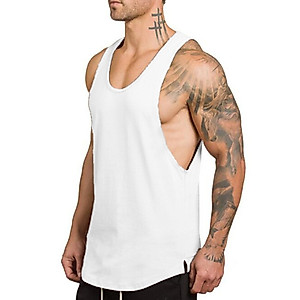 ZUEVI Muscle Tank Tops for Men Cut Open Sides Bodybuilding Vest Gym Workout Stringer T-Shirts (White-L)