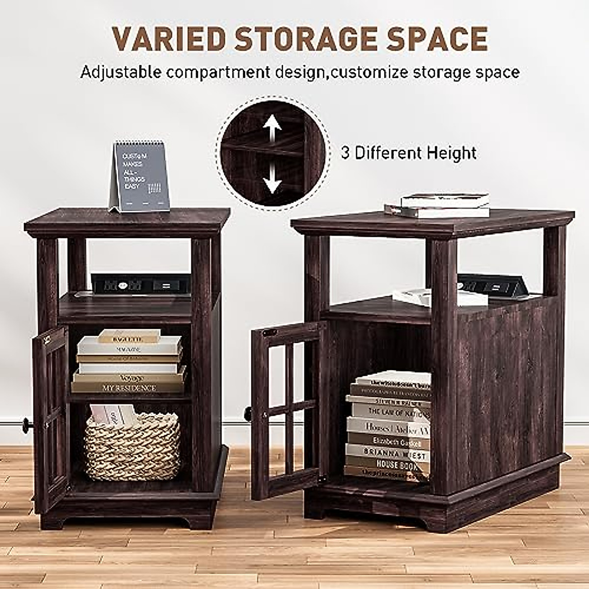 HIFYOBRO End Table with Charging Station, Side Table with Storage for Living Room and Bed Room, Power outlets & USB Ports, Adjustable Shelf