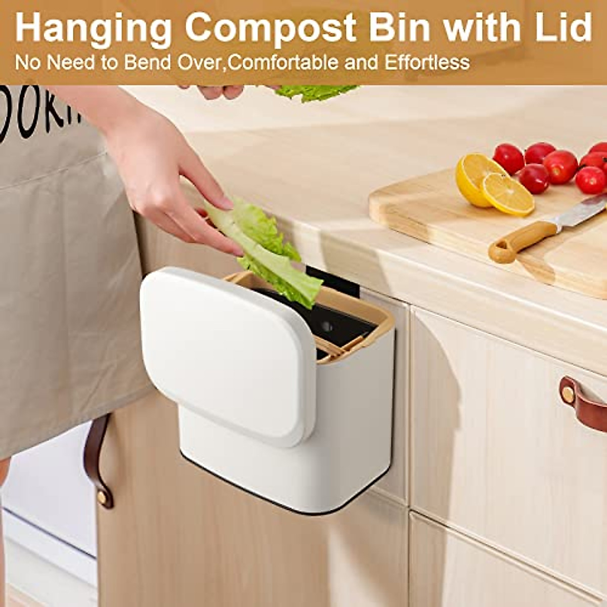 Anzoymx Hanging Stainless Steel Compost Bin 1.05 Gallon Wall Mounted Trash Can with Lid,Kitchen Cabinet Door Under Sink Small Garbage Can for Counter Top Cupboard Bathroom(1.05 Gallon,White)