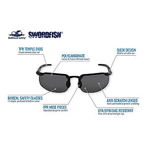 Bullhead Safety Swordfish Bifocal Safety Glasses, 1.5 Diopter, ANSI Z87, Reader Glasses With UV Light Protection And Anti-Scratch Coating, Smoke Lenses, Matte Black Frame