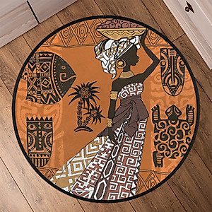 Round Area Rugs 3Ft Black Woman African Woman Modern Area Rug with Non Slip Backing Soft Carpet Kids Play Mat for Living Room Bedroom Patio Rugs, Washable