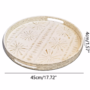 i-lan 18inch Mother of Pearl Decorative Round Kitchen Table Serving Trays- Décor White Mother of Pearl Inlay Coffee Table Tray with Handles for Display,Food, Catering, Catchall, XXL