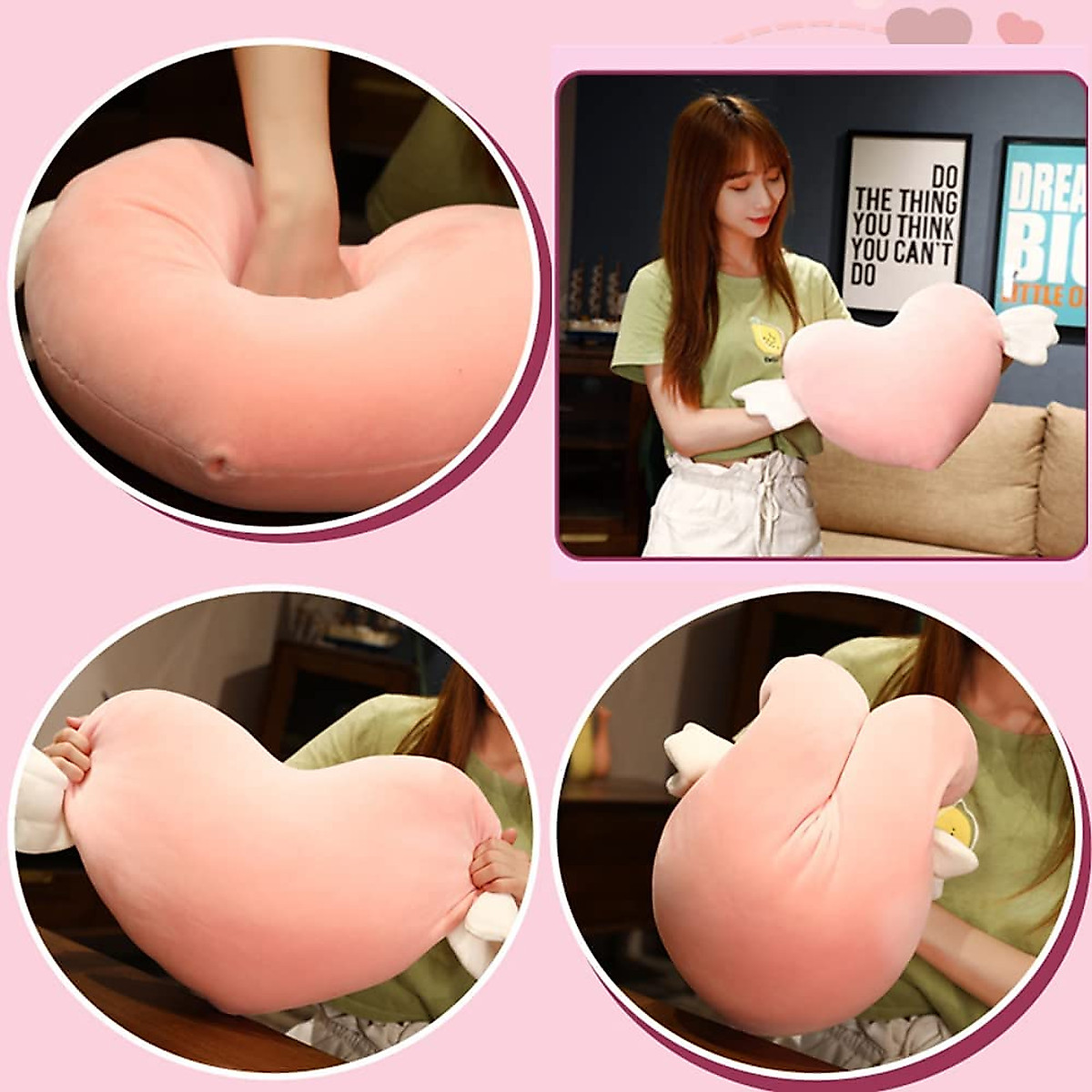 Plush Heart Shaped Pillow with Angel Wings,Hand Warmer Pillow,Soft Pink Heart Pillow Cushion Toy Throw Pillows for Mom Fit for Room Office Car Decor Birthday Present (Pink) (Pink)