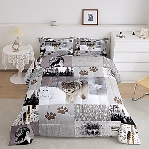 Manfei Wolf Kids Comforter Set Twin Size,Wolf Paws Print Pine Trees Wild Adventure Bedding Set,Boys Girls Adults Room Decor,Geometric Plaids Patchwork Down Comforter,Rustic Duvet Insert,1 Pillowcase
